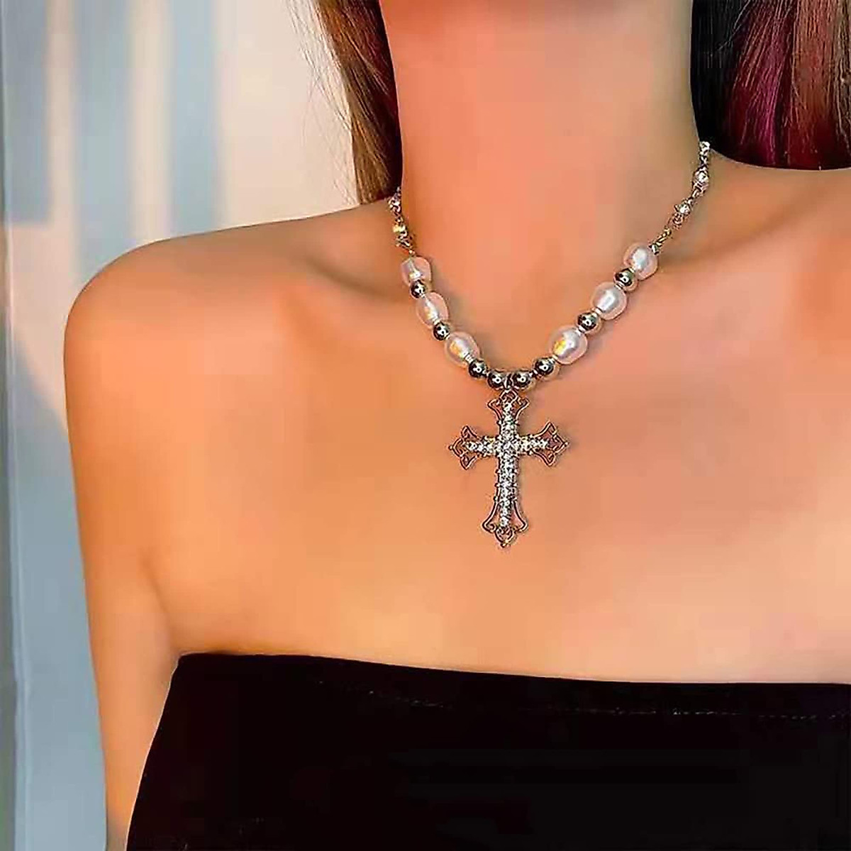 Y2k Necklace Gyaru Goth Necklaces Fairy Grunge Jewelry Pearl Necklace with Cross for Women Coquette Aesthetic Cyber Emo Alt Necklaces for Women
