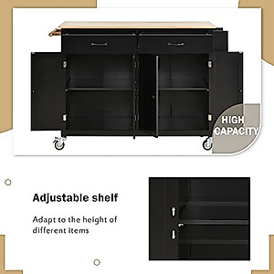 Origeture Large Kitchen Island with Storage, Mobile Kitchen Island Cart on Wheels with 2 Drawers and 2 Storage Cabinets, Solid Wood Countertop, Spice & Towel Racks, Adjustable Shelves, Black