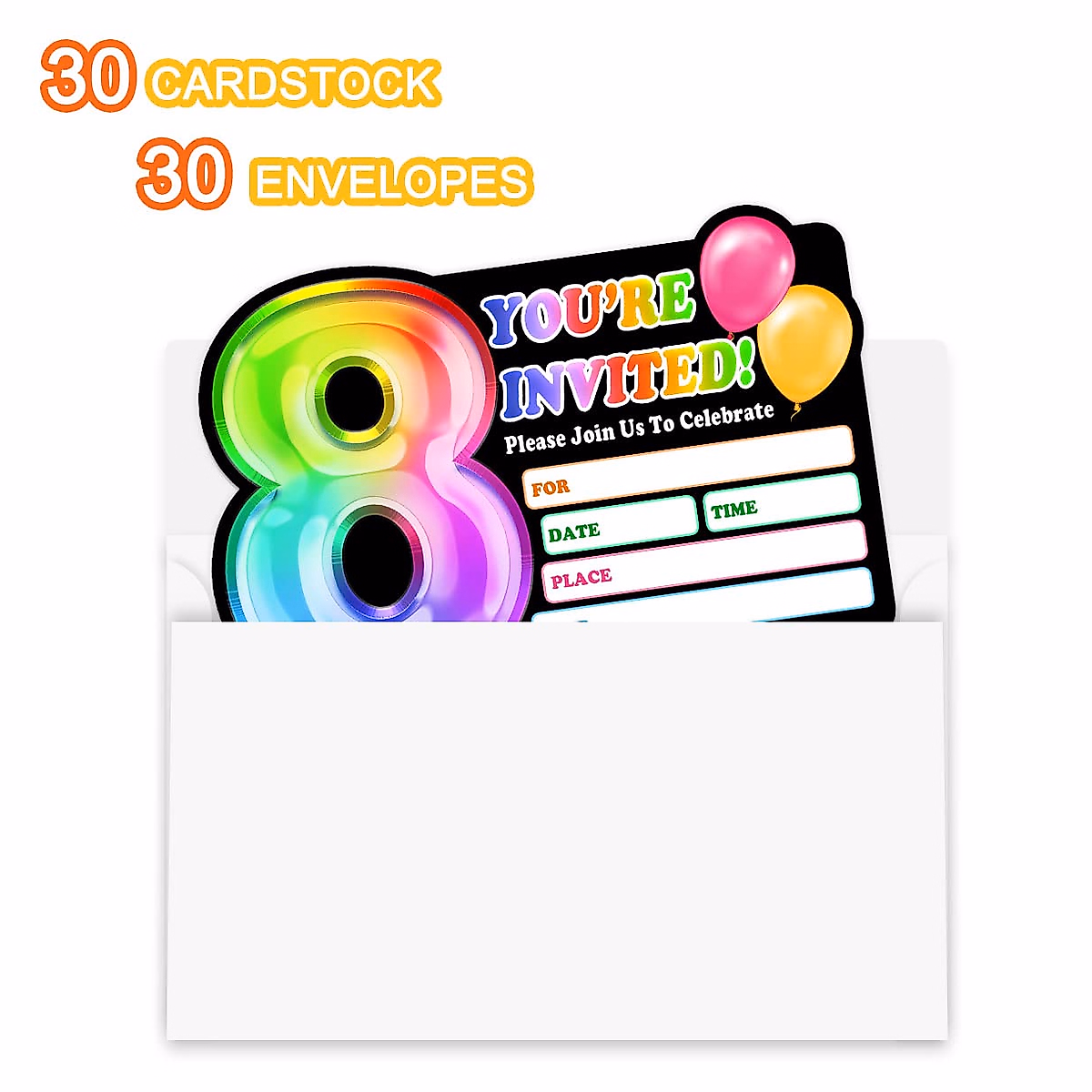 Greatingreat Rainbow Holographic Ballon Invitations with Envelope for 8th Birthday Party Anniversary,Fun Party Invite for Girls Child,Set of 30,4x6 inches