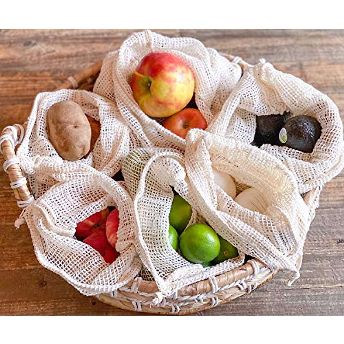 Reusable Produce Bags, Cotton Mesh Produce Bags, Onion Mesh Bag, 100% Organic Cotton, Cloth Produce Bag Grocery, Vegetables Bags for Grocery Shopping, Cotton Vegetables & Fruits Mesh Bag 6 (2XL,2L,2M)