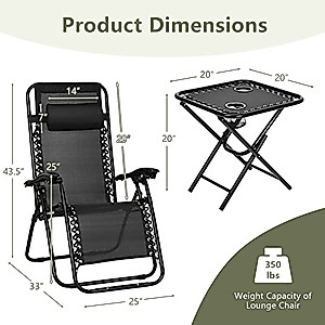 HAPPYGRILL Zero Gravity Lounge Chairs Set with Coffee Table, Folding Reclining Chairs with Side Table and Pillow, 3 Pieces Adjustable Patio Lawn Recliner Set for Outdoor Garden Camp Travel