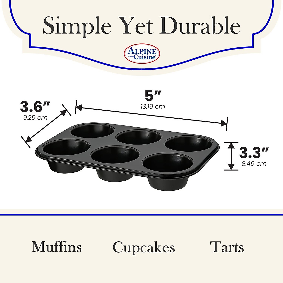 Alpine Cuisine Muffin Pan Big 6 Cup 12.5-Inch - Nonstick Carbon Steel Pan - Black Easy Release, Leak-Proof & Heavy Duty Big Muffin Pan - Easy to Clean Cupcake Pan - Dishwasher Safe Jumbo Muffin Pan