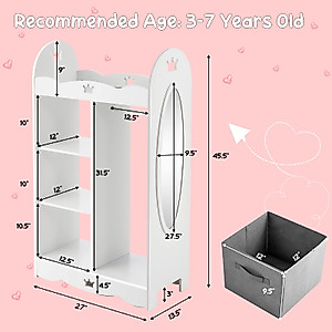 Costzon Kids Dress up Storage Wardrobe, Toddler Armoire Dresser Wardrobe W/Mirror & Cloth Hanger, Cute Crown Patterns, Pretend Costume Closet Toy Organizer, Perfect for Kids Bedroom, Playroom (White)