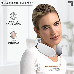 Sharper Image Neck Tens Muscle Stimulator with Soothing Heat & Wireless Remote, Pain Relief Therapy with 3 Massage Modes & 15 Intensity Levels, USB Rechargeable, 4 Hour Battery Life