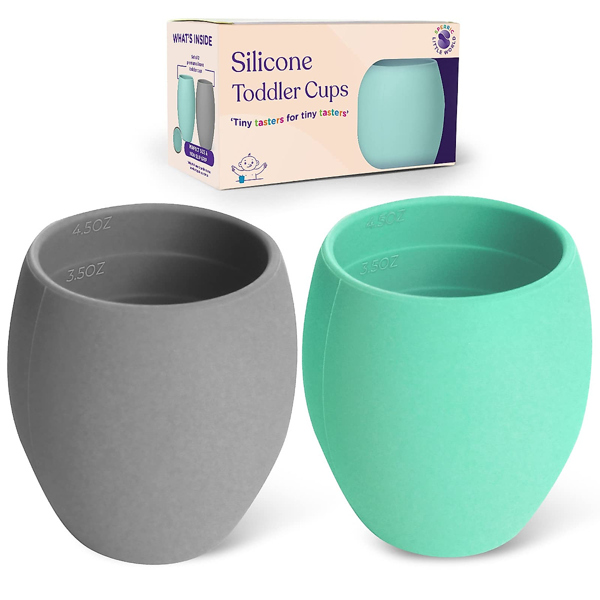 Sperric Silicone Mini Cups For Toddlers Baby Drinking Training Cup (2 Pack) 4.5 OZ (Light Blue/Cool Gray)