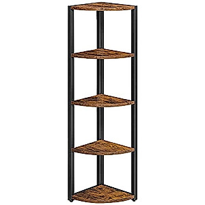 VASAGLE 5 Tier Corner Shelf Stand, Corner Bookshelf, Tall Corner Storage Shelves, Industrial Rack Plant Stand for Living Room, Bedroom, Home Office, Rustic Brown and Black ULLS801B01