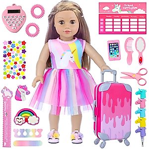 21pcs 18 Inch Doll Clothes and Accessories for Doll School Play Set Includes Suitcase, Clothes, Sticker, Class Schedule Card, Comb, Mirror, Eraser, Calculator, Nail File Buffer, Pencil, Ruler