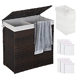 HKLGorg Laundry Hamper 90L Hamper for Laundry Clothes Hamper Laundry Basket with Lid Wicker Laundry Basket with 2 Removable Liner Bags 6 Laundry Bags Woven Laundry Basket for Bedroom Bathroom, Brown