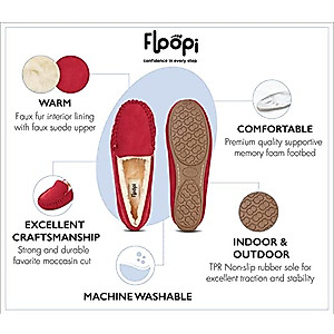 Floopi Women Slippers Moccasins, Soft Faux Fur Lining with Cozy Memory Foam, Ladies House Slippers for Women with Indoor & Outdoor Anti-Skid Sole (8 - Red)