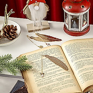 6 Pieces Christmas Series Metal Feather Pendant Bookmarks 3D Gold Feather Bookmarks Vintage Feather Bookmarks Beautiful Gi ft for Kids Students Teachers Friends Reading Page Marker Bookend