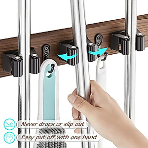 OUTNILI Mop Broom Holder Wall Mount Wood Broom Mop Hanger - Wall Mounted Garden Tool Rack Organizer for Closet Garage Laundry Room Kitchen Decor With 4 Slots & 4 Hooks