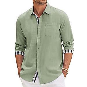 COOFANDY Mens Shirt Plaid Spread Collar Business Casual Work, Light Green, Large, Long Sleeve