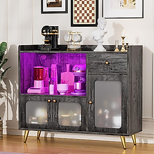 Cyclysio Sideboard Buffet Cabinet with Power Outlet, Kitchen Cabinet with LED Lights, Large Bar Cart Accent Buffet Cabinet with Door for Bedroom, Living Room, Kitchen, Hallway, Grey