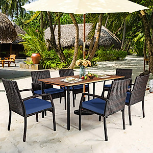 HAPPYGRILL 7 Pieces Patio Dining Set Outdoor Furniture Rattan Wicker Dining Set with Umbrella Hole, Powder Coated Steel Frame, Acacia Wood Dining Table and Armchairs with Removable Cushions
