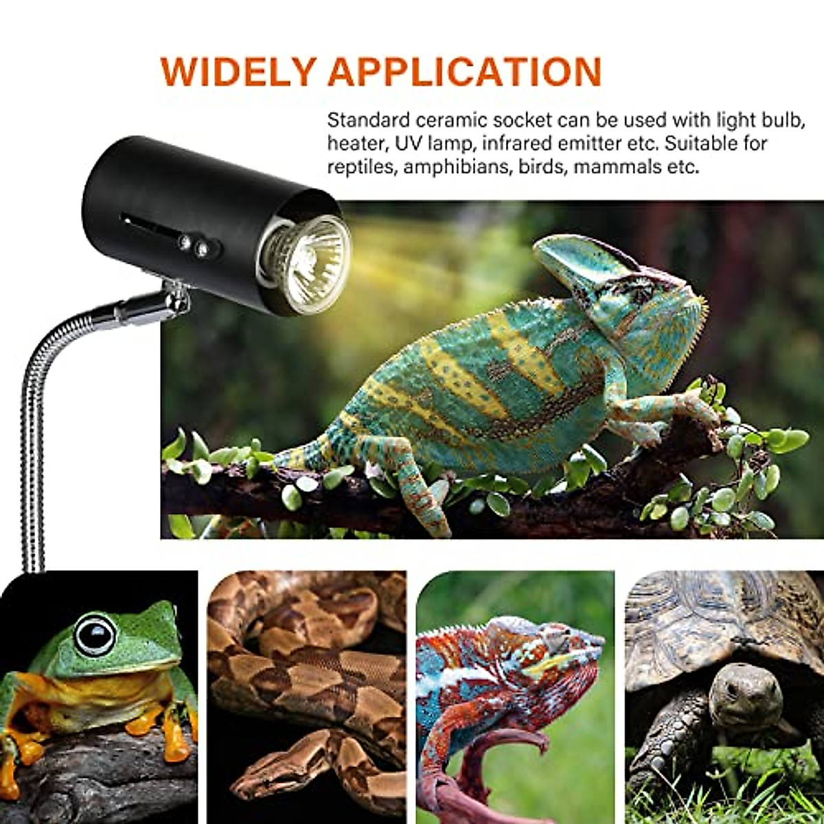 Simple Deluxe Reptile Lamp Fixture Holder Clamp Lengthened Adjustable Socket with Wider and Deeper Spot Light Barrel Dimmable Switch 25W UV Bulb Included, for Lizard Tortoise Snake Aquarium Habitat