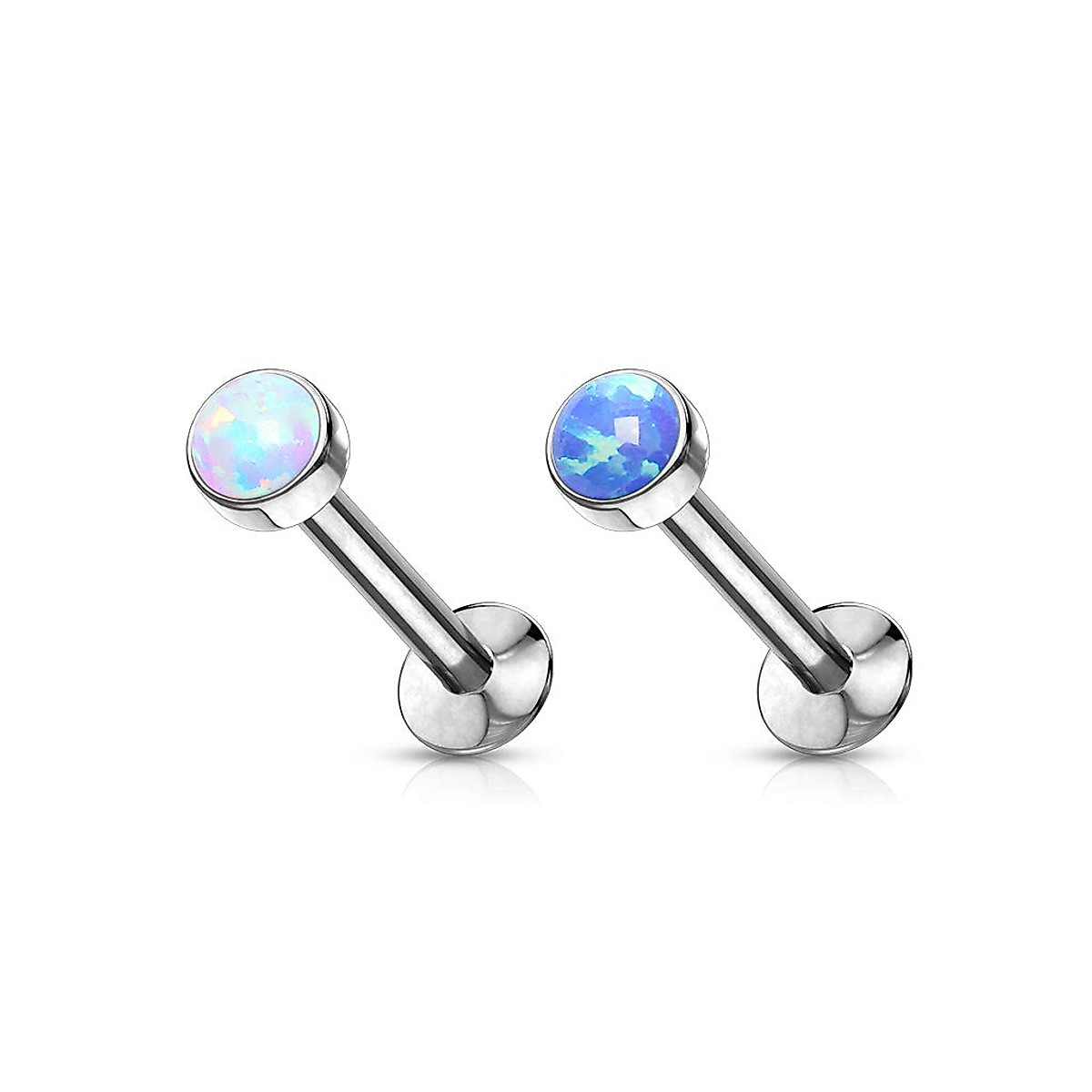 Covet Jewelry Push in Opal Flat Set Top 316L Surgical Steel Labret, Monroe, Flat Back Stud. (16 GA, Length: 6mm, Ball: 4mm, Opal Blue)