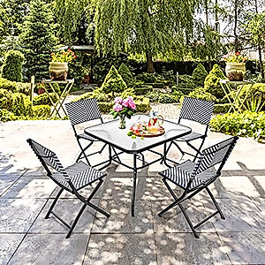 Tangkula 4-Piece Patio Dining Chairs, Outdoor PE Wicker Folding Chairs with Rustproof Frame, Potable Bistro Chairs for Backyard, Garden (4, Navy Blue + White)