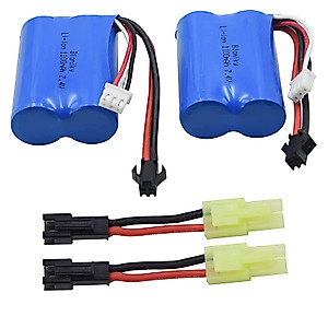 Blomiky 2 Pack 7.4V 1100mAh 8.51Wh Li-ion Rechargeable Battery with SM-2P Plug and 2 Charger Cable fit for H101 H103 RC Boat RC Car Vehicles Toy Force Battery 2