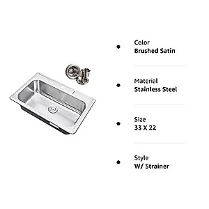 CozyBlock 33 x 22 x 9 Inch Top-mount/Drop-in Stainless Steel Single Bowl Kitchen Sink with Strainer - 18 Gauge Stainless Steel-1 Faucet Hole
