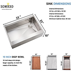 33 Inch Stainless Steel Farmhouse Sink-SOMRXO 30"×22" Flat Apron Front Farmhouse Kitchen Sink Workstation Ledge 16 Gauge SUS304 Stainless Steel Kitchen Sink Offset Drain Single Bowl Kitchen Sink