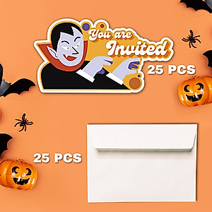 Deluxe Halloween or Costume Party Invitations, 25 Shape Fill-in Cards with Envelopes, Pumpkin, Ghost, Monster, Cute Trick or Treat, Box or Treat for Kids Birthday or Adult party - 4"X6" (JRM376)