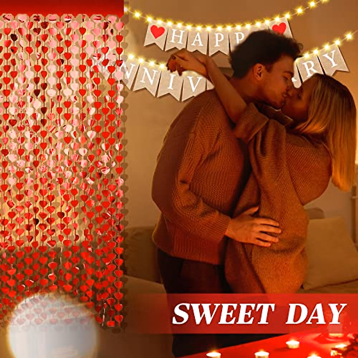 Breling 6 Pieces Burlap Happy Anniversary Banner Party Bunting Garland Decorations Wedding Decoration Supplies Hanging Red Heart Streamer with LED Lights, M