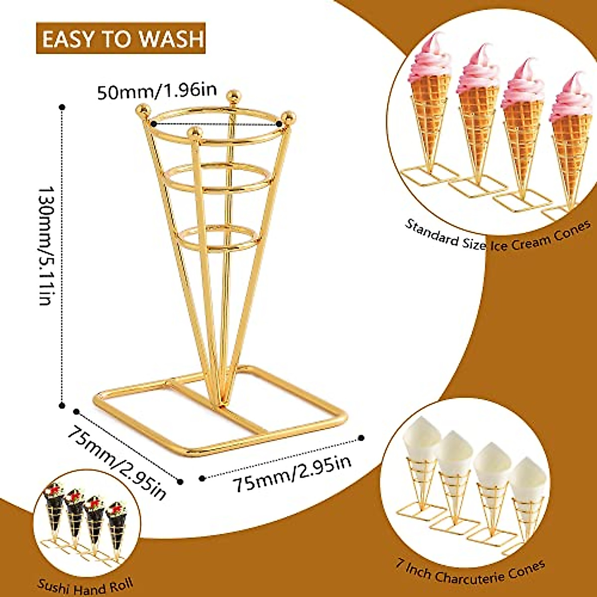 BLBYHO Single Metal Gold Ice Cream Cone Holder Stand, Individua Waffle Cone Holder Sushi Hand Roll Stand for Standard Size Ice Cream Cones Appetizer Charcuterie Cones, Sugar Cones, Sushi (4 Pack)