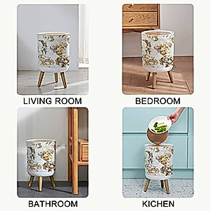 Small Trash Can with Lid Seamless with a Gold Hydrangea and Cherry Flowers Round Recycle Bin Press Top Dog Proof Wastebasket for Kitchen Bathroom Bedroom Office 7L/1.8 Gallon
