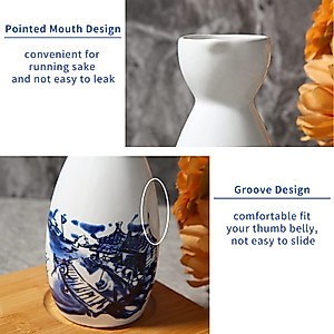 ABuff Japanese Sake Set, 1 Tokkuri Bottle & 4 Ochoko Cups with a Wooden Tray, Ceramic Sake Set Microwave and Dishwasher Safe