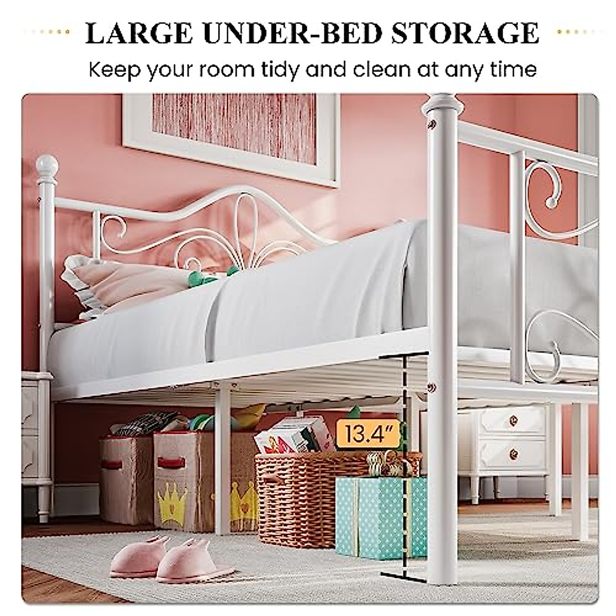 SHA CERLIN Twin Size Bed Frame for Kids,Metal Bed Frame with Butterfly Pattern Design Headboard & Footboard,No Box Spring Needed,Easy Assembly,White