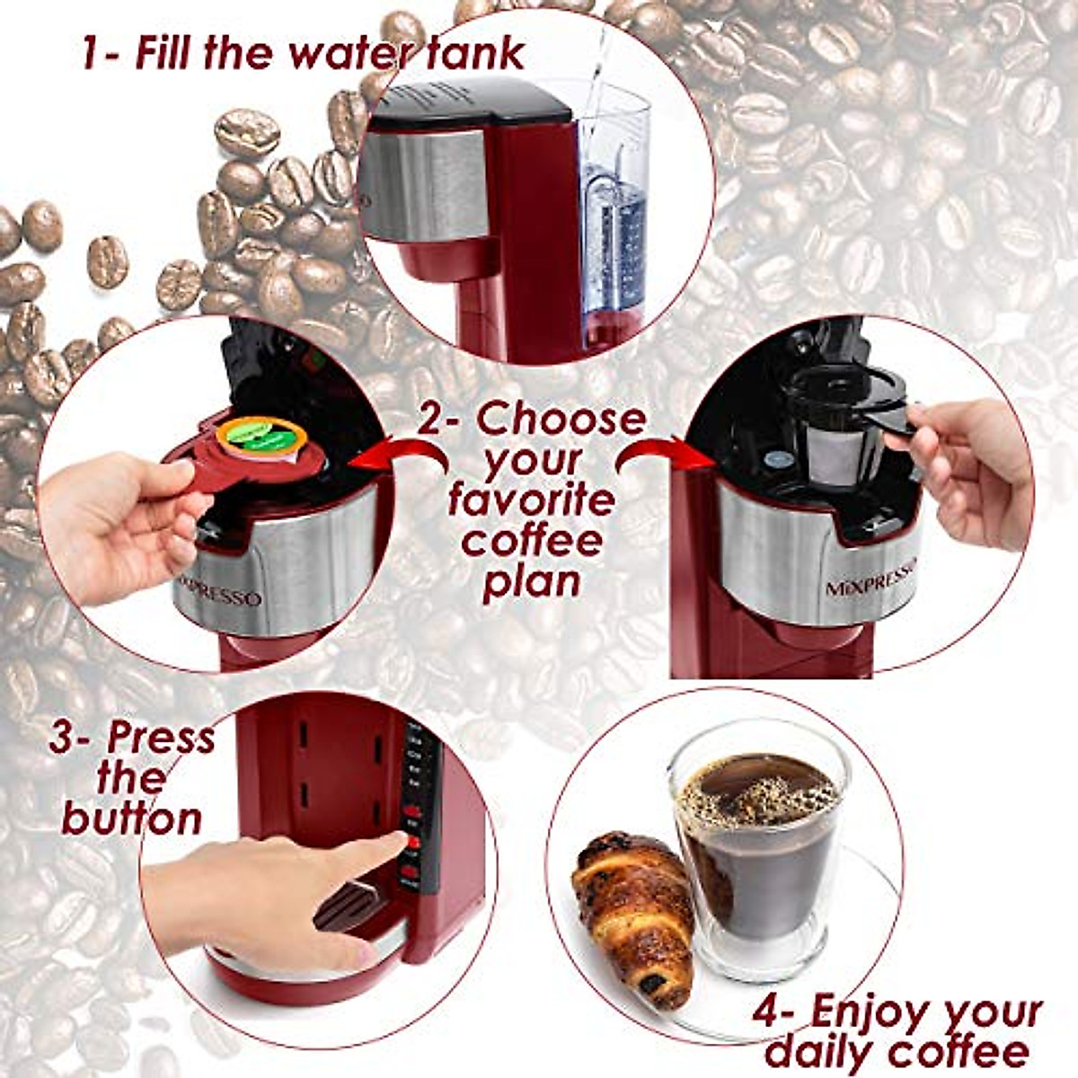 Mixpresso Single Serve 2 in 1 Coffee Brewer K-Cup Pods Compatible & Ground Coffee,Compact Coffee Maker Single Serve With 30 oz Detachable Reservoir, 5 Brew Size and Adjustable Drip Tray (Red)