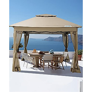 Quictent 11’x11’ Pop up Gazebo Canopy Tent with Mosquito Netting, One Person Setup Vented Outdoor Instant Screened House Tent Shelter with 4 Sand Bags, Khaki