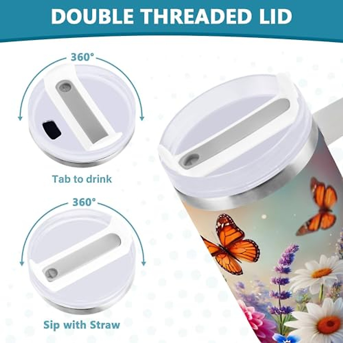 RPLIFE Floral with Butterflies Coffee Tumbler, Stainless Water Bottle, Insulated Cup with Straw, Coffee Tumbler for Women