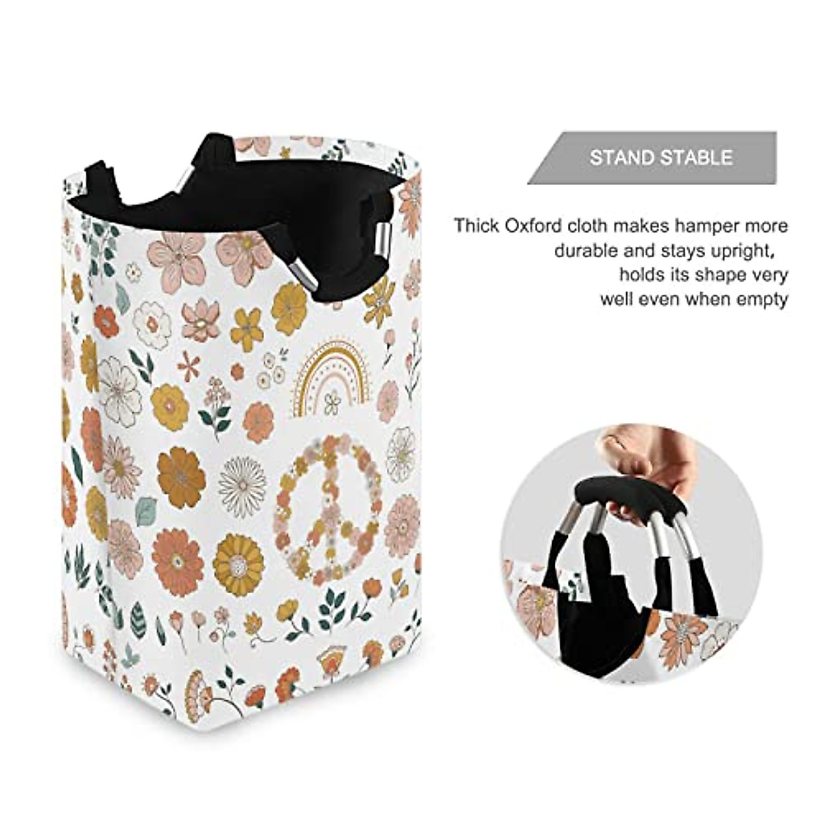 Kigai Laundry Hamper Basket Retro Flowers Peace Sign Collapsible Nursery Storage Bin Waterproof Clothing Baskets for Home Bedroom Bathroom Washing Room