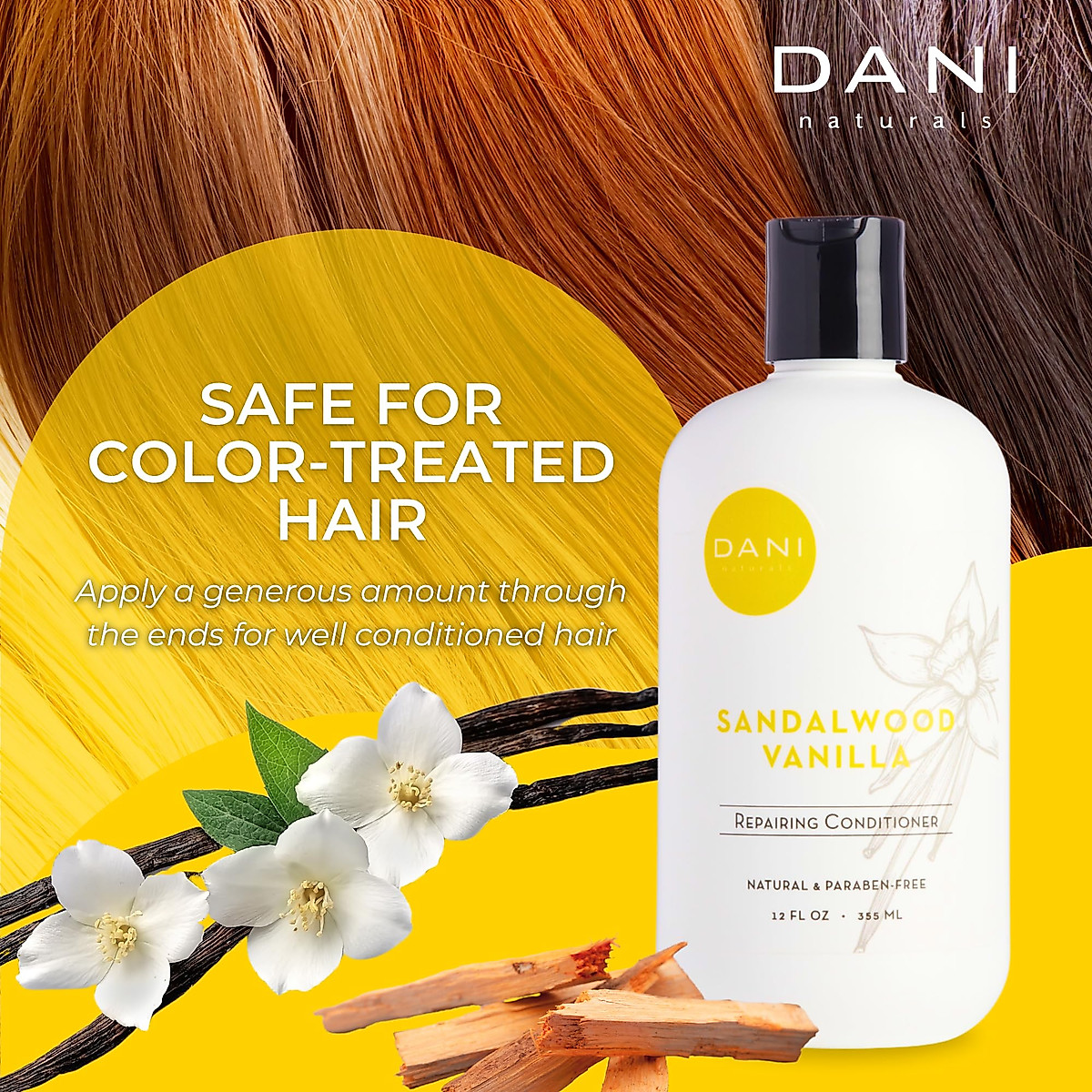 DANI Natural Nourishing Conditioner Naturals - Organic Ingredients Hydrate & Strengthen Hair - Sulfate, Phthalate & Paraben Free - Vegan & Cruelty Free - 12 Ounces (Sandalwood Vanilla)