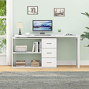 HSH White L Shaped Desk with Drawers Shelves, Corner Home Office Desk L Shape with Storage Cabinet, Large Wood Computer Desk for PC Executive Work Writing Study, Modern Living Room Bedroom Table,60 In