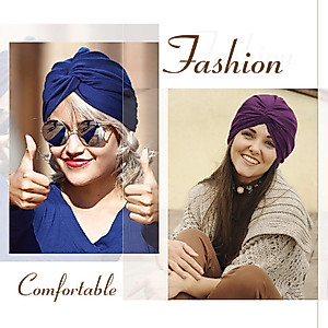 SATINIOR 4 Pieces Turbans for Women Soft Pre Tied Knot Fashion Pleated Cancer Turban Cap Chemo Headwrap Sleep Hat, 4 Colors(Black, Gray, Royal Blue, Purple)