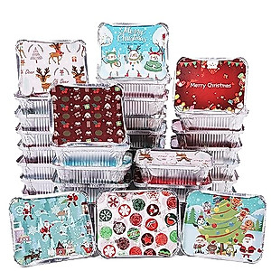 SAITI 50 PCS Christmas Cookie Tins with Lids for Gift Giving, Foil Treat Containers Disposable Food Storage Pan Aluminium Foil Containers for Holiday Leftovers Goodie Container or Cookie Exchange