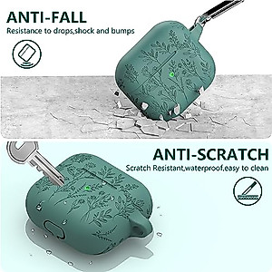 Flower Engraved Case for Apple AirPods 3 Case 2021, Soft Silicone Protective Case for AirPods 3rd Generation Case for Women Airpod Case with Clean Kit,Carabiner,Lanyard,Front LED Visible,Pine Green