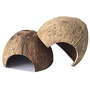 PINVNBY Natural Coconut Reptile Hideouts Lizard Coco Hut Hermit Crab Hut Aquarium Fish Hide Cave Spider Snail Climber Toys (2 Packs)