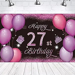 Happy 27st Birthday Backdrop Banner Pink Purple 27th Sign Poster 27 Birthday Party Supplies for Anniversary Photo Booth Photography Background Birthday Party Decorations, 72.8 x 43.3 Inch