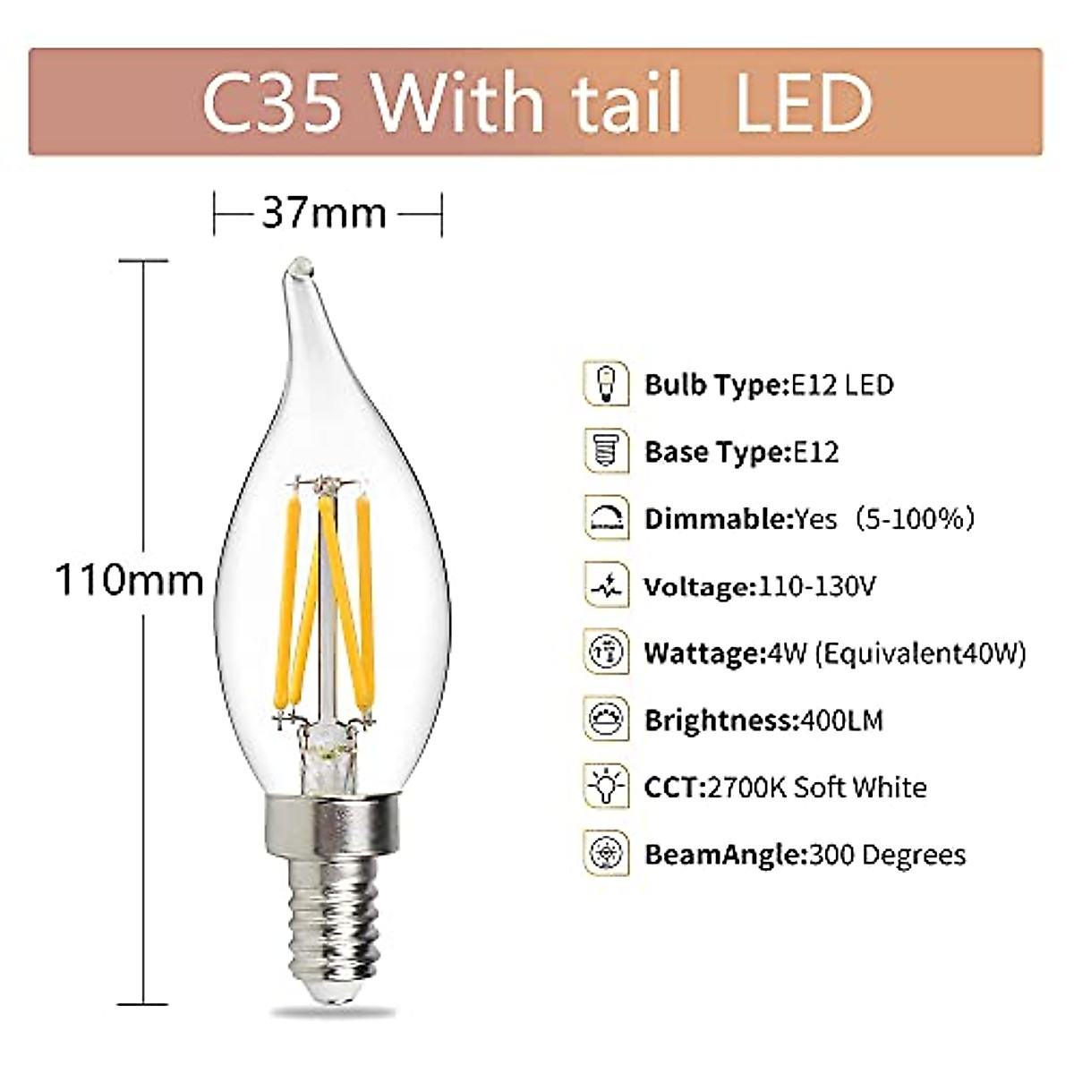 AMDTU Led Light Bulbs 40 Watt Equivalent E12, 4W 2700K Warm White 400LM Dimmable CA10 Chandelier Light Bulbs, High Brightness Candelabra Light Bulbs, CA11 Clear Flame Tip Light Bulbs for Chandelier