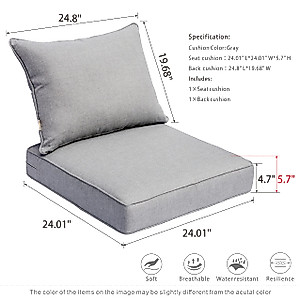 ovios Outdoor Cushion Set Patio Furniture Cushions with Removable Cover Water Resistant Fade Resistant Thick Bottom Deep Seat Cushion and Back Cushion for Sofa Chair Couch, 24 x 24 Inch, Grey