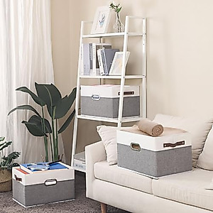 Yawinhe Collapsible Storage Bins, 16.9 x 11.8 x 10.2 Inch, Cube Storage Bins, Fabric Foldable Storage Bins Organizer Containers with Dual Leather Handles for Home Closet Office (White/Grey, 4-Pack)