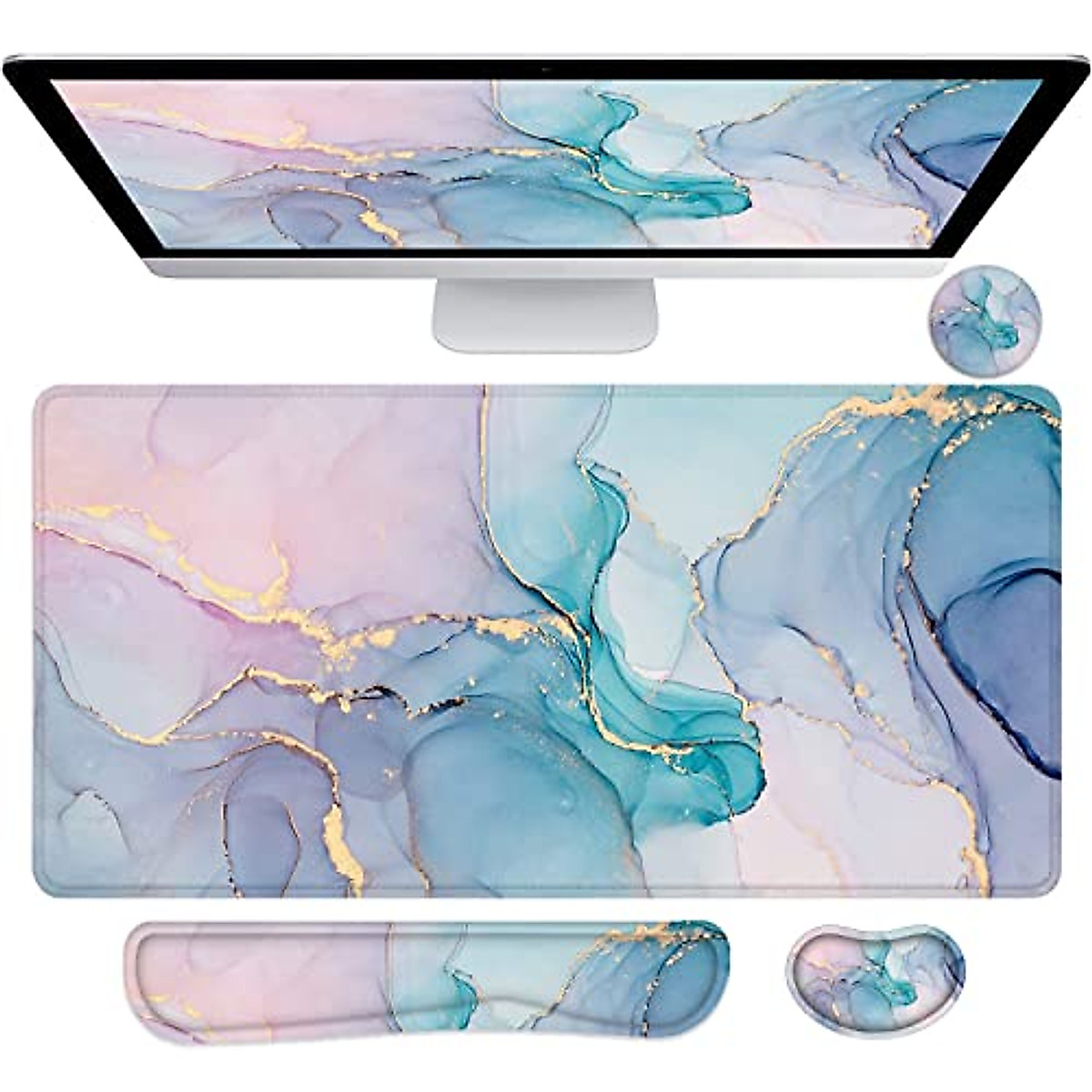 Lateefah Large Mouse Pad and Keyboard Wrist Rest, Desk Pad for Keyboard and Mouse, 4-in-1 Extended Mouse Pad with Wrist Support, Non-Slip Desk Mat Protector, Ultra Thick Desk Blotter for Office, Home