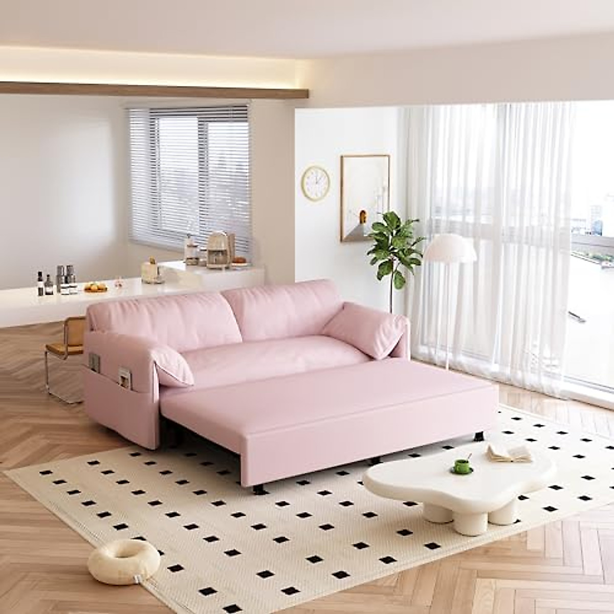 FANYE Queen Size Loveseat Sleeper Sofa Bed,Oversized Convertible Love Seats Sofabed W/Pull Out Sleep Couch and Padded Armrests for Living Room, Velvet Upholstered Lounge Daybed