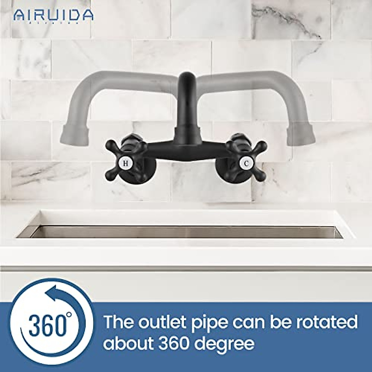 Airuida Matte Black Wall Mount Kitchen Faucet, 6 Inch(15cm) Spout Wall Mount Laundry Sink Faucet, Adjustable Center Double Handles Hot and Cold Water Mixer Tap 360 Rotatable Restaurant Faucet