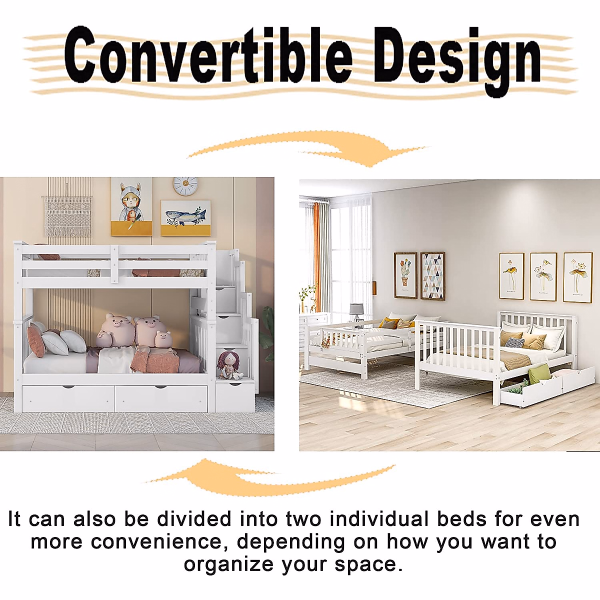 Full Over Full Bunk Bed with Shelves and 6 Storage Drawers, Solid Wooden Bunk Bed Frame with Storag Staircase, Safety Guardrail for Kids Teens Adults, No Box Spring Needed (White)