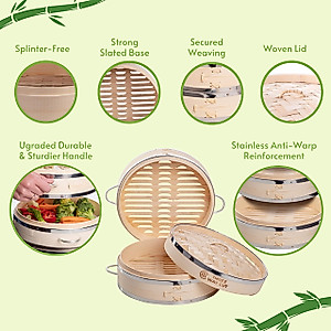 Dumpling Bamboo Steamer 10 Inch 2 Tier Wooden Basket With Handle, Ring Adapter, Reusable Silicone Liner, Kit For Cooking Baby Bao Bun, Dim Sum, Rice Potsticker Steaming Chinese Asian Food & Vegetables