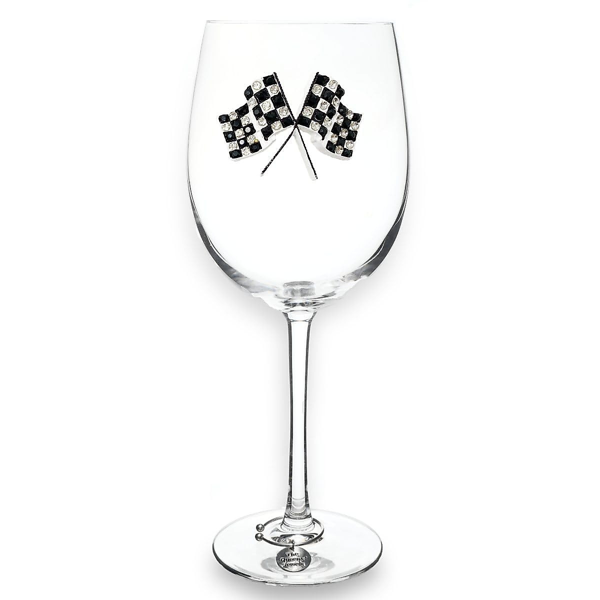 THE QUEENS' JEWELS Checkered Flag Jeweled Stemmed Wine Glass, 21 oz. - Unique Gift for Women, Birthday, Cute, Fun, Not Painted, Decorated, Bling, Bedazzled, Rhinestone
